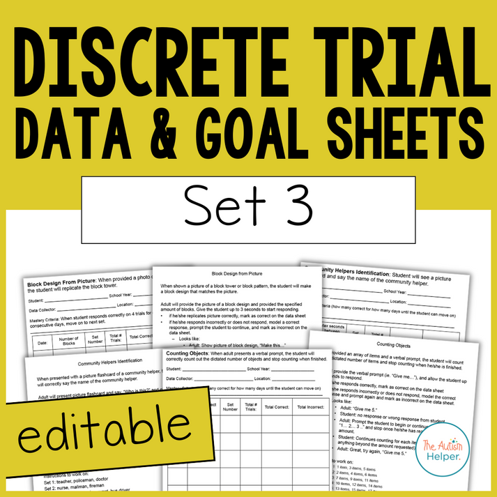 Editable Discrete Trial Data & Goal Sheets Set 3 – The Autism Helper