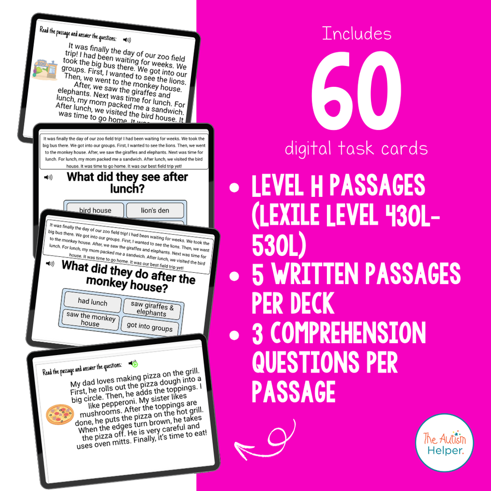 Reading Comprehension Level H Interactive Boom Cards – The Autism Helper