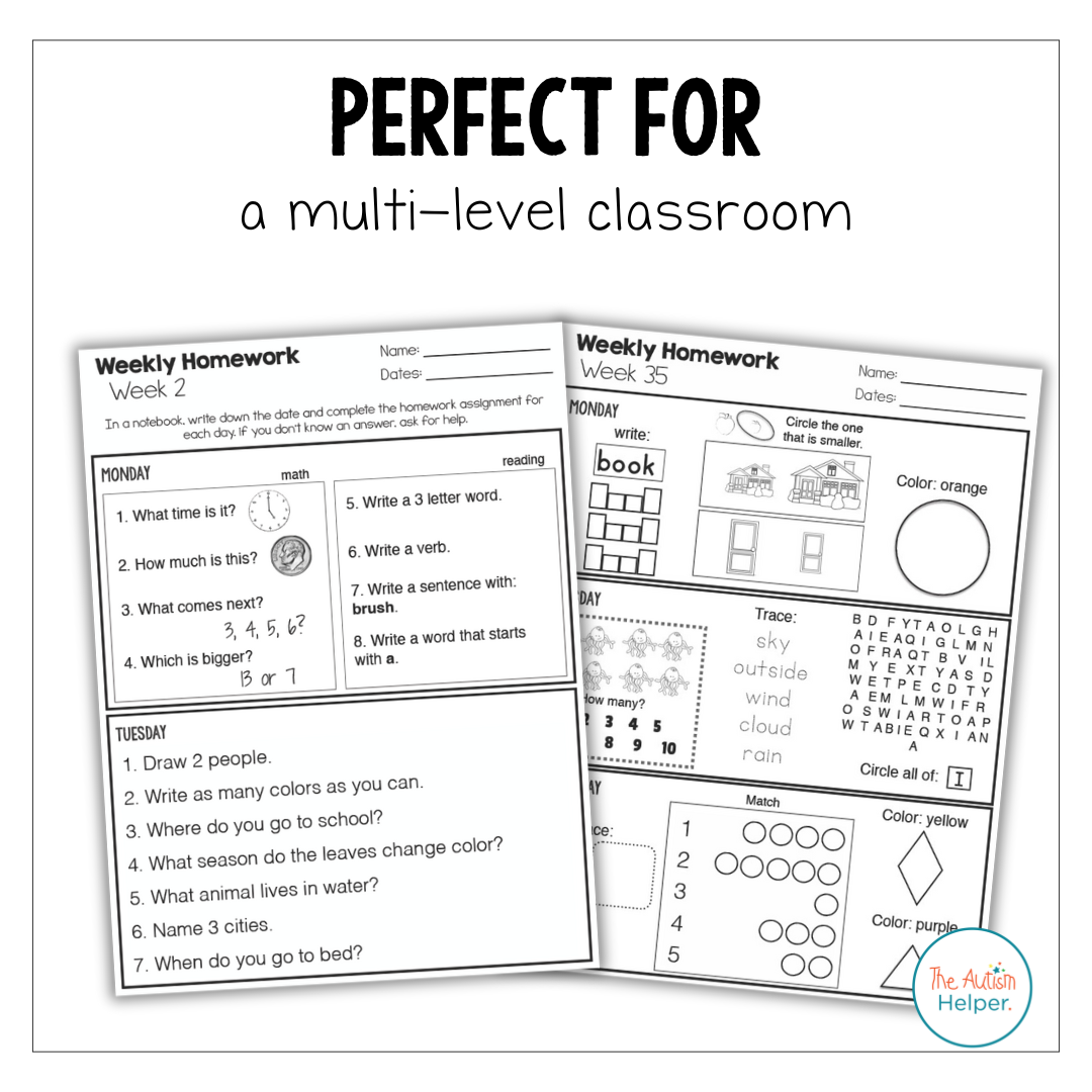 Leveled Homework BUNDLE – The Autism Helper