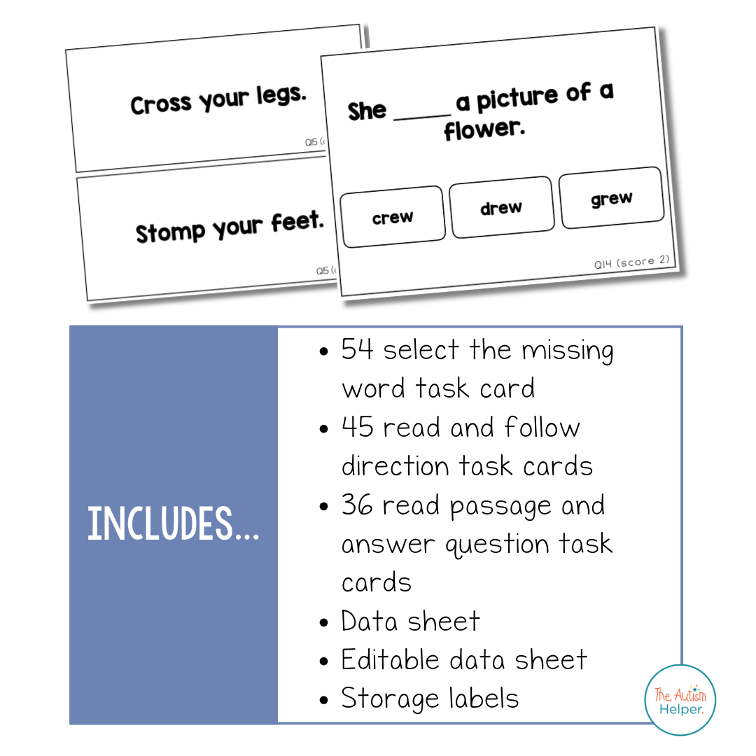 Reading Comprehension Task Cards [ABLLS-R Aligned Q14-Q17] – The Autism ...
