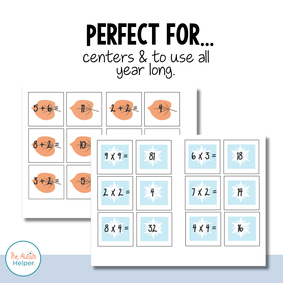 Seasonal Add, Subtract, & Multiply Matching Cards – The Autism Helper