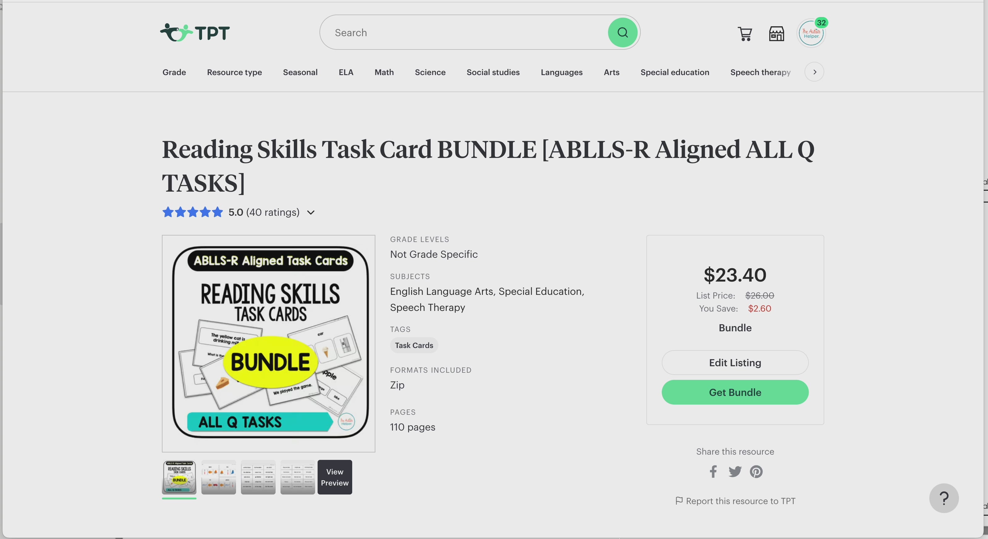 Reading Skills Task Card BUNDLE [ABLLS-R Aligned ALL Q TASKS] – The ...