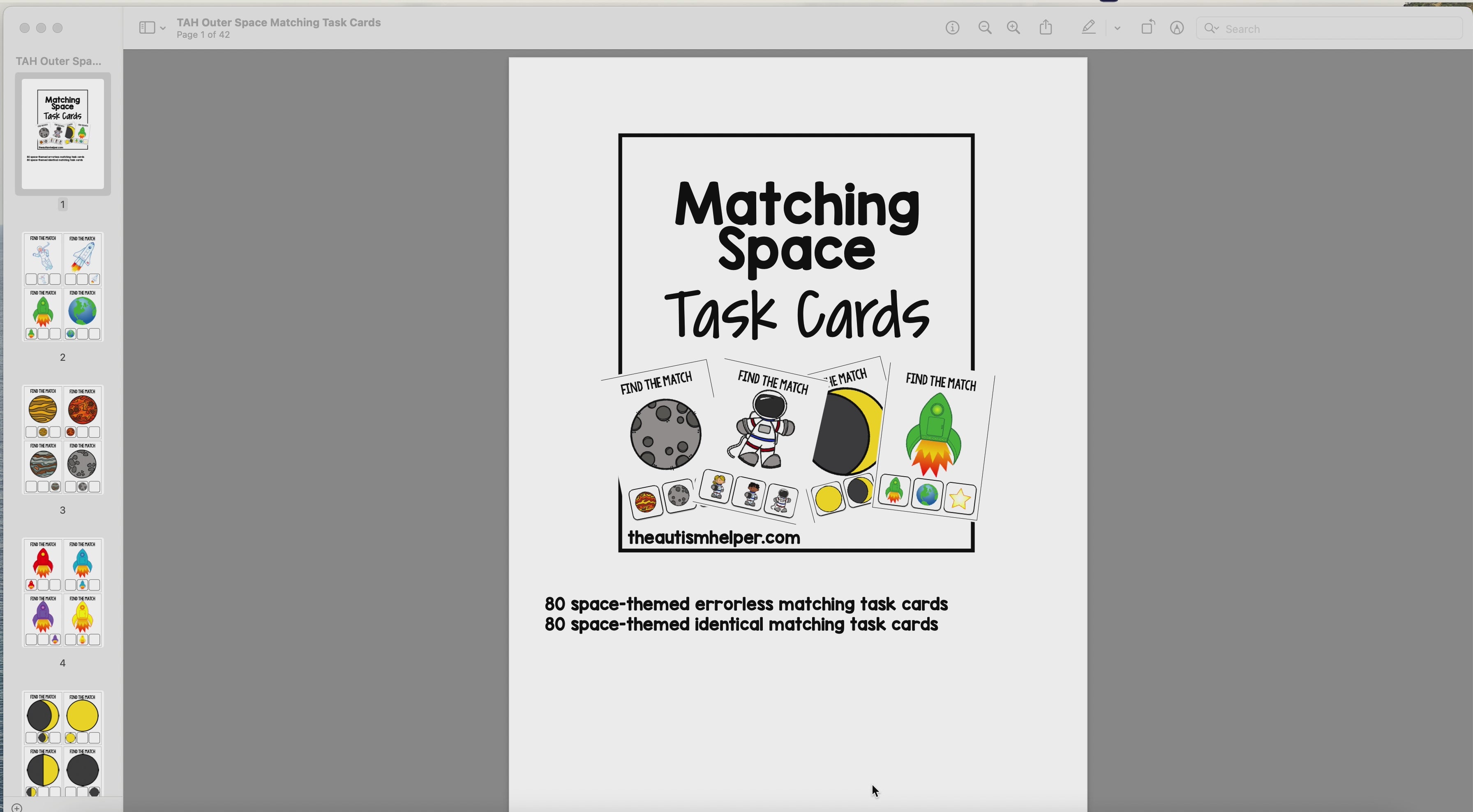 Outer Space Errorless & Identical Matching Task Cards – The Autism Helper