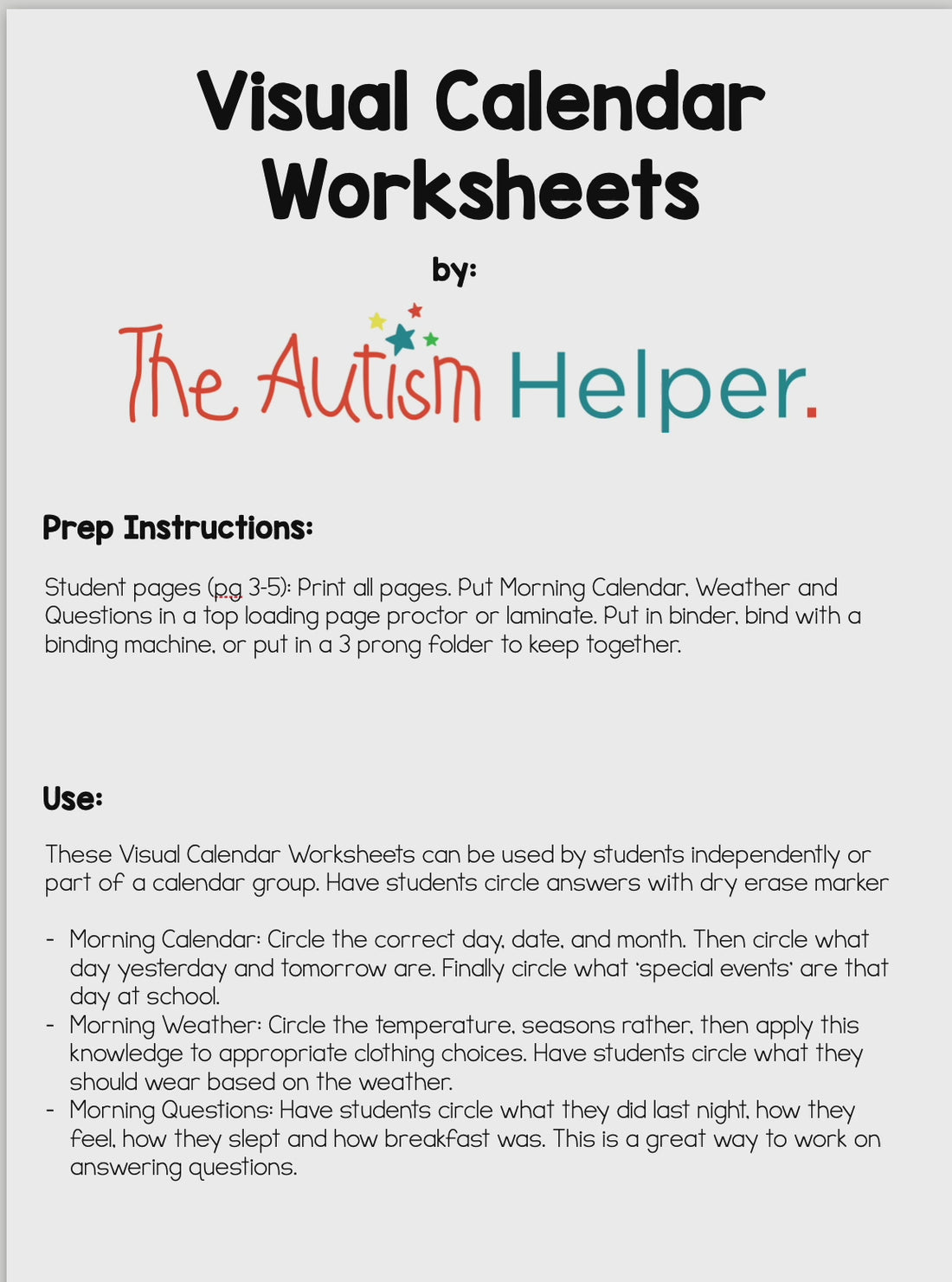 Visual Calendar Worksheets – The Autism Helper