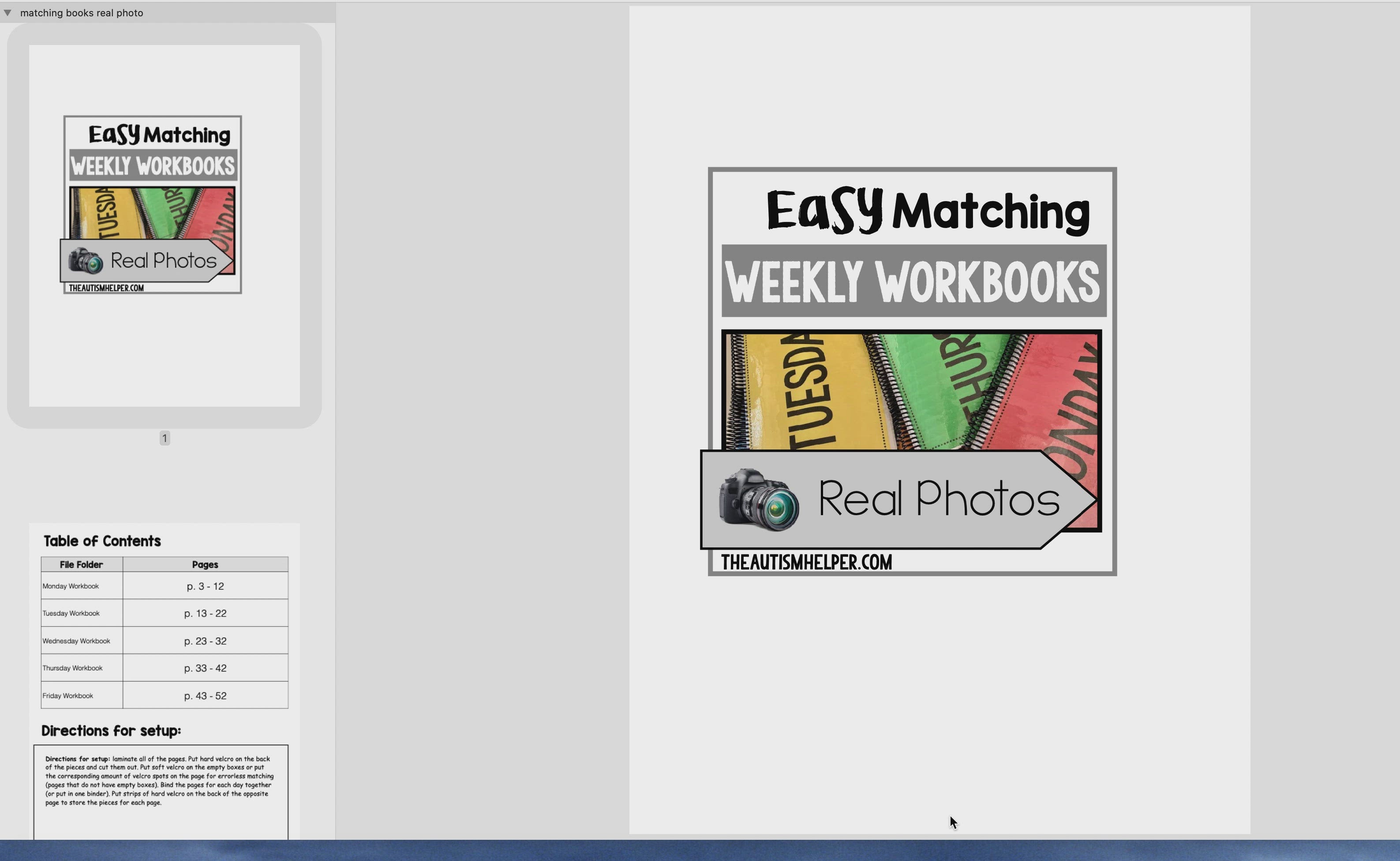 Easy Matching Weekly Workbooks - Real Photos – The Autism Helper